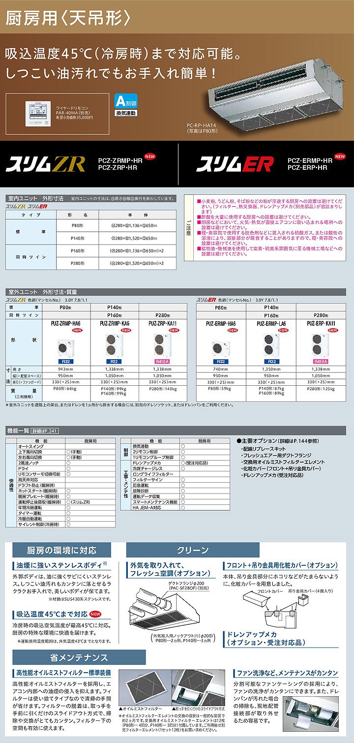 PCZ-ZRMP80SHR 三菱電機 スリムZR 厨房用天吊形 3馬力 シングル - 業務用エアコンのセツビコム